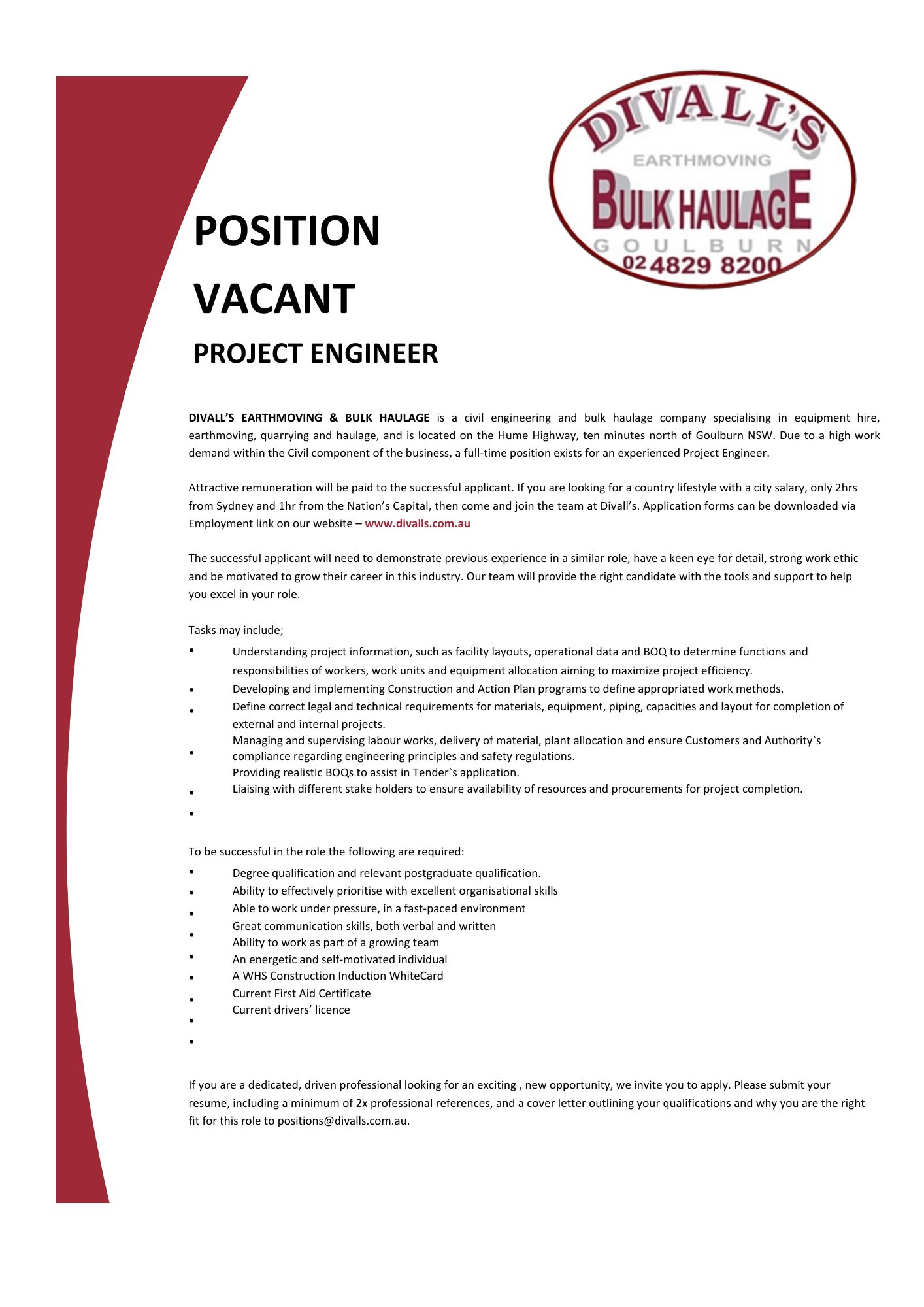 Position Vacant – Project Engineer PHOTO – Divall's Earthmoving and ...